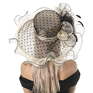 Women's Organza Church Hat Bridal Tea Party Wedding Tea Party Sun Hat with Detachable hat Flower as Headgear Beige