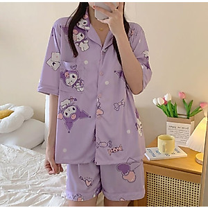 WANHONGYUE Kawaii Kuromi Pajamas for Women Girls Sleepwear Loungewear Short Sleeve Shirt with Shorts 2 Piece Pajama Sets Purple/1 M