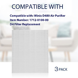 Allisfresh D480 Replacement Filter D4 Compatible with Winix D480 Air Cleaner Purifier Ture HEPA Only, Item Number 1712-0100-00, D4 Filter 3 Pack