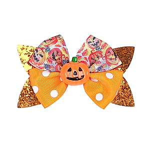 3.9"Hair Bows Clips Halloween Bow Glitter Accessories for Baby Girls Toddlers, Spider and Ghost Hair Clip Pumpkin Headdress.(FJ51) (Orange A)