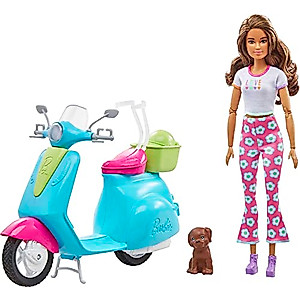 Barbie Fashionistas Doll and Scooter, Travel Playset with Stickers, Pet Puppy and Themed Accessories like Map and Camera (Amazon Exclusive)