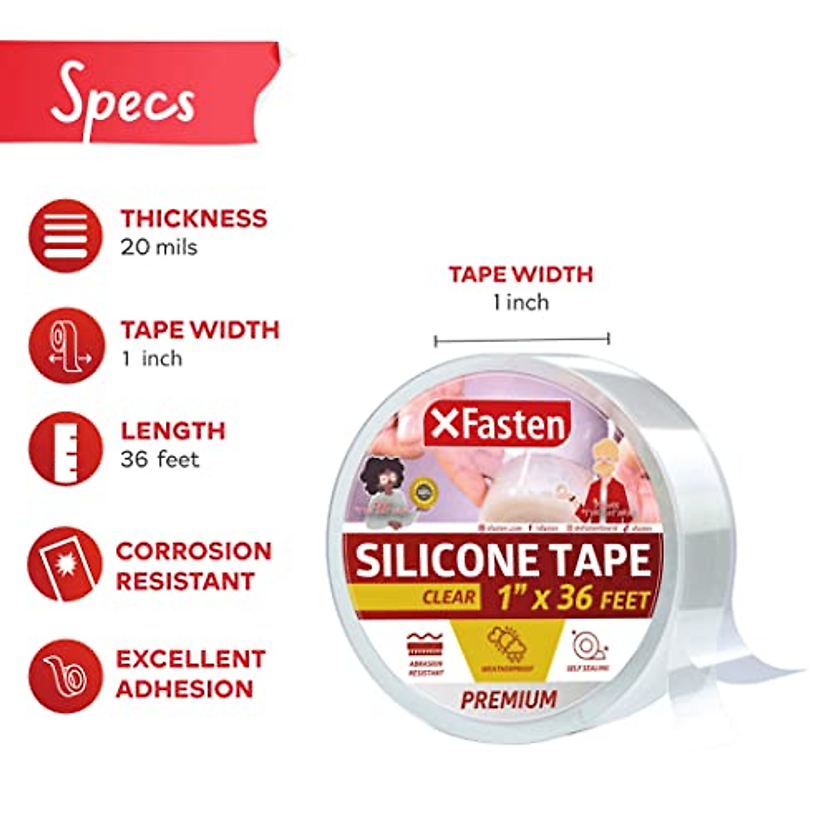 XFasten Self Fusing Silicone Tape for Plumbing Clear 1" X 36-Foot Non-Adhesive Leak Seal Tape Waterproof, Silicone Grip Tape, Rubber Tape Thick for Pipe, Hose Repair Tape, Stop Leak Tape