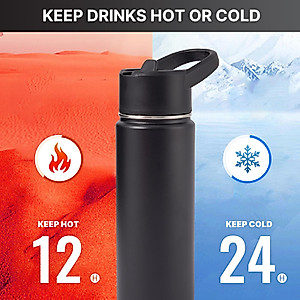 Kerilyn Stainless Steel Water bottle with Straw & Wide Mouth Lid, Wide Rotating Handle, 24oz Double Wall Vacuum Insulated Water Bottle Leak Proof, BPA Free, Keep Cold and Hot, 24oz, Black