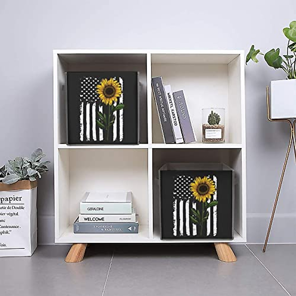 Sunflower American Flag Collapsible Storage Bins Basics Folding Fabric Storage Cubes Organizer Boxes with Handles