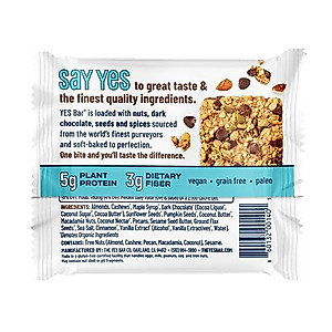 The YES Bar – Dark Chocolate Chip – Plant Based Protein, Decadent Snack Bar – Vegan, Paleo, Gluten Free, Dairy Free, Low Sugar, Healthy Snack, Breakfast, Low Carb, Keto Friendly (Pack of 6)