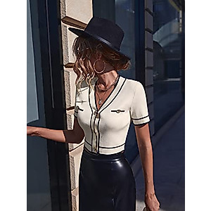 Verdusa Women's Striped Trim Contrast Binding Button Front V Neck Knit Crop Top White L