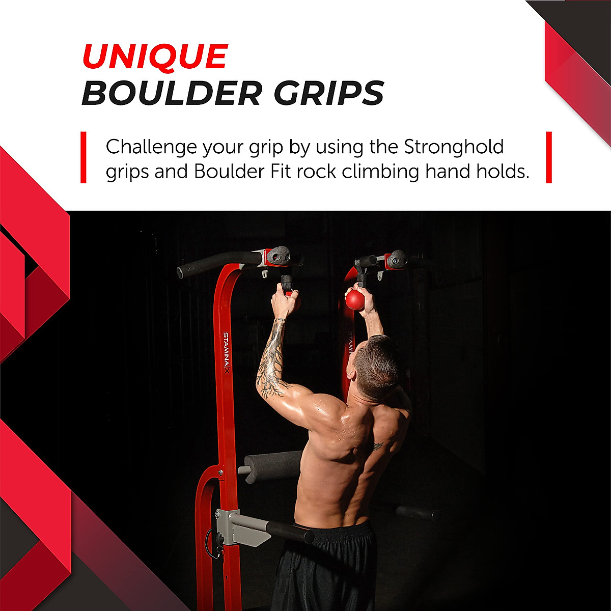 Stamina X Fortress Power Tower with Plyo Box - Dip Bar Pull Up Bar Station with Smart Workout App - Dip Bars for Home Workout - Up to 250 lbs Weight Capacity - Red