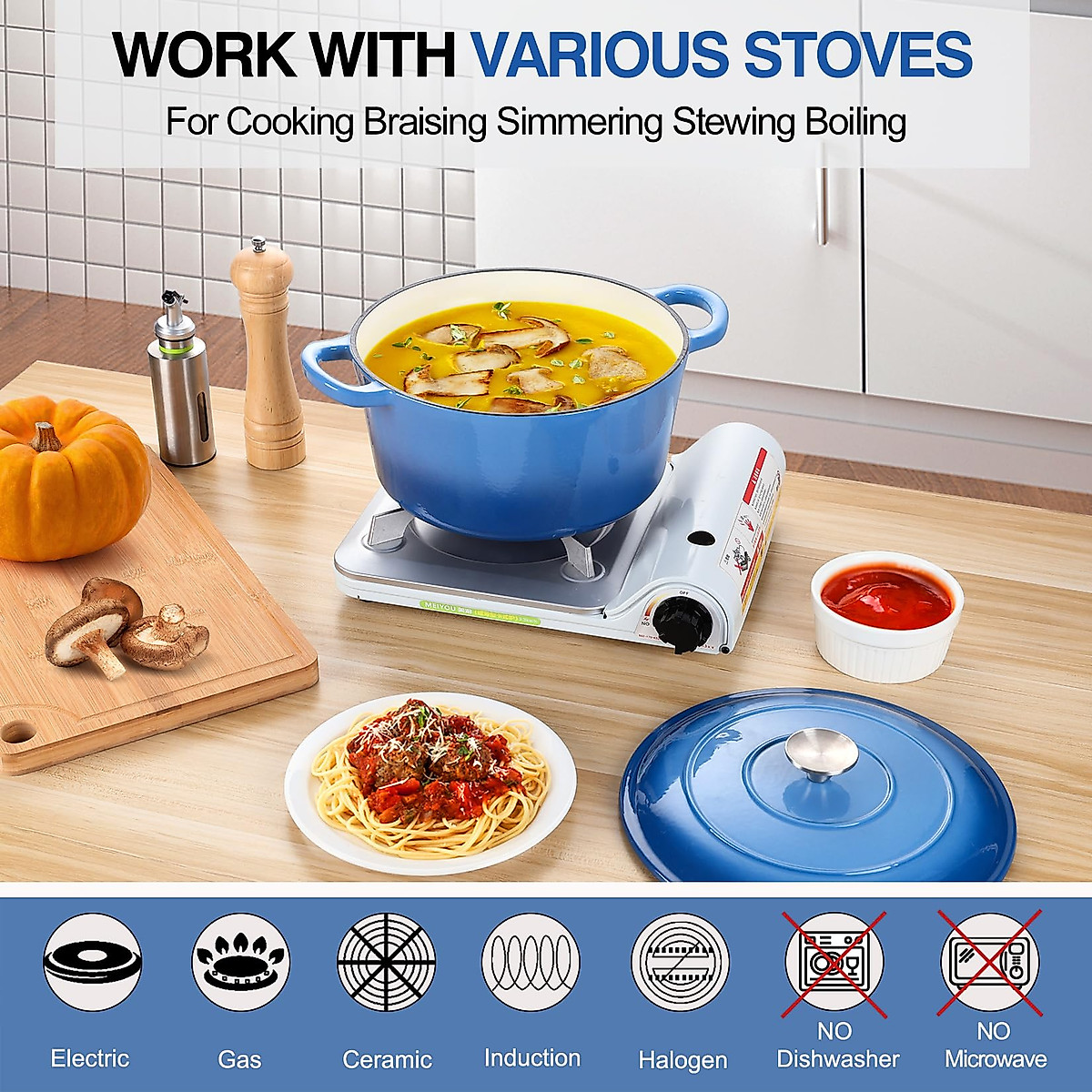 6 Quart Enameled Dutch Oven with Lid, P&P CHEF Cast Iron Dutch Oven Pot, Enamel Round Dutch Oven Cooking Pot for Braising, Stewing, Roasting, Baking, Various Stoves & Oven Safe, (Blue)