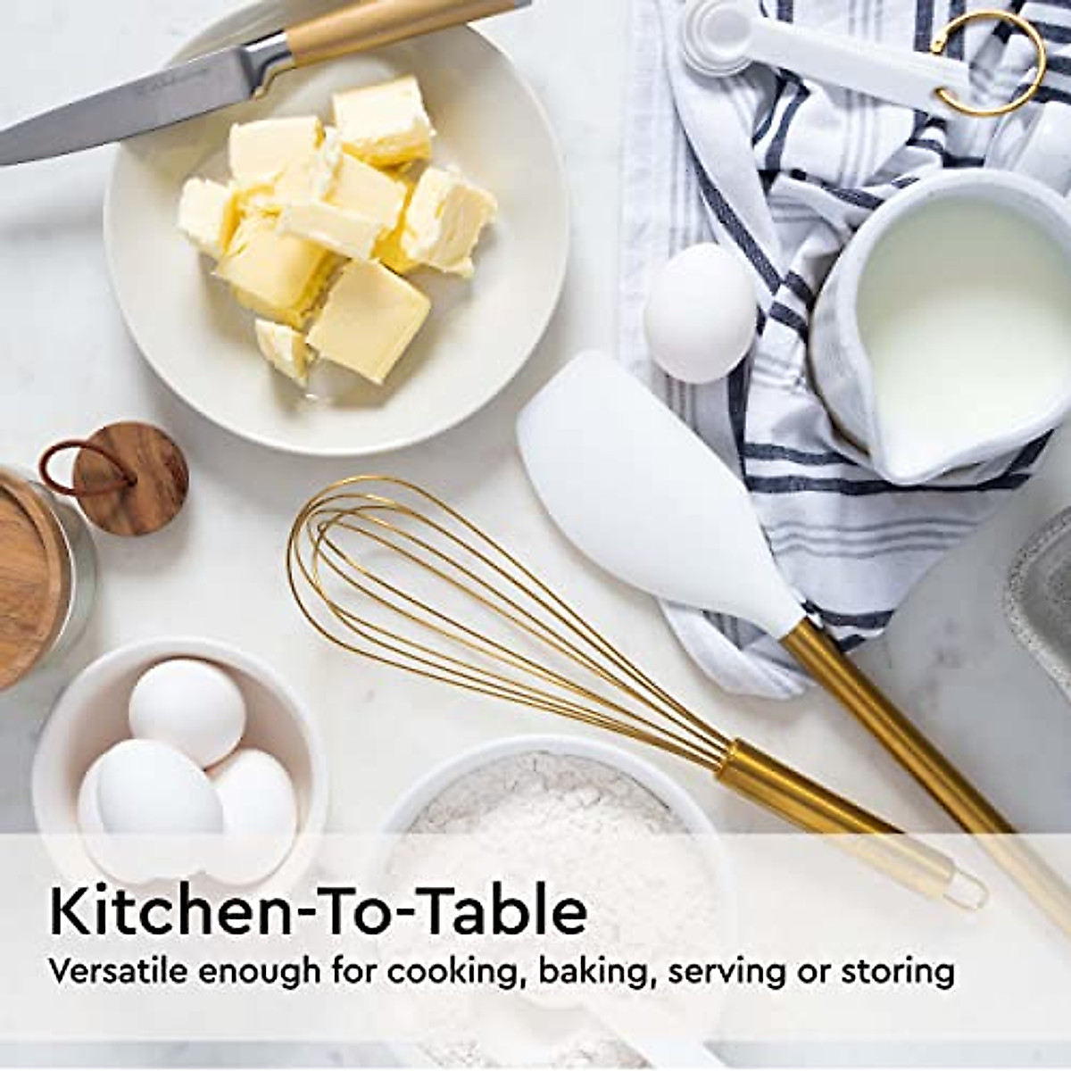 White Silicone and Gold Cooking Utensils Set with Gold Utensil Holder: 17PC Set Includes White & Gold Measuring Cups and Spoons Set,White Utensils Set,Gold Spatula,Gold Whisk -Gold Kitchen Accessories