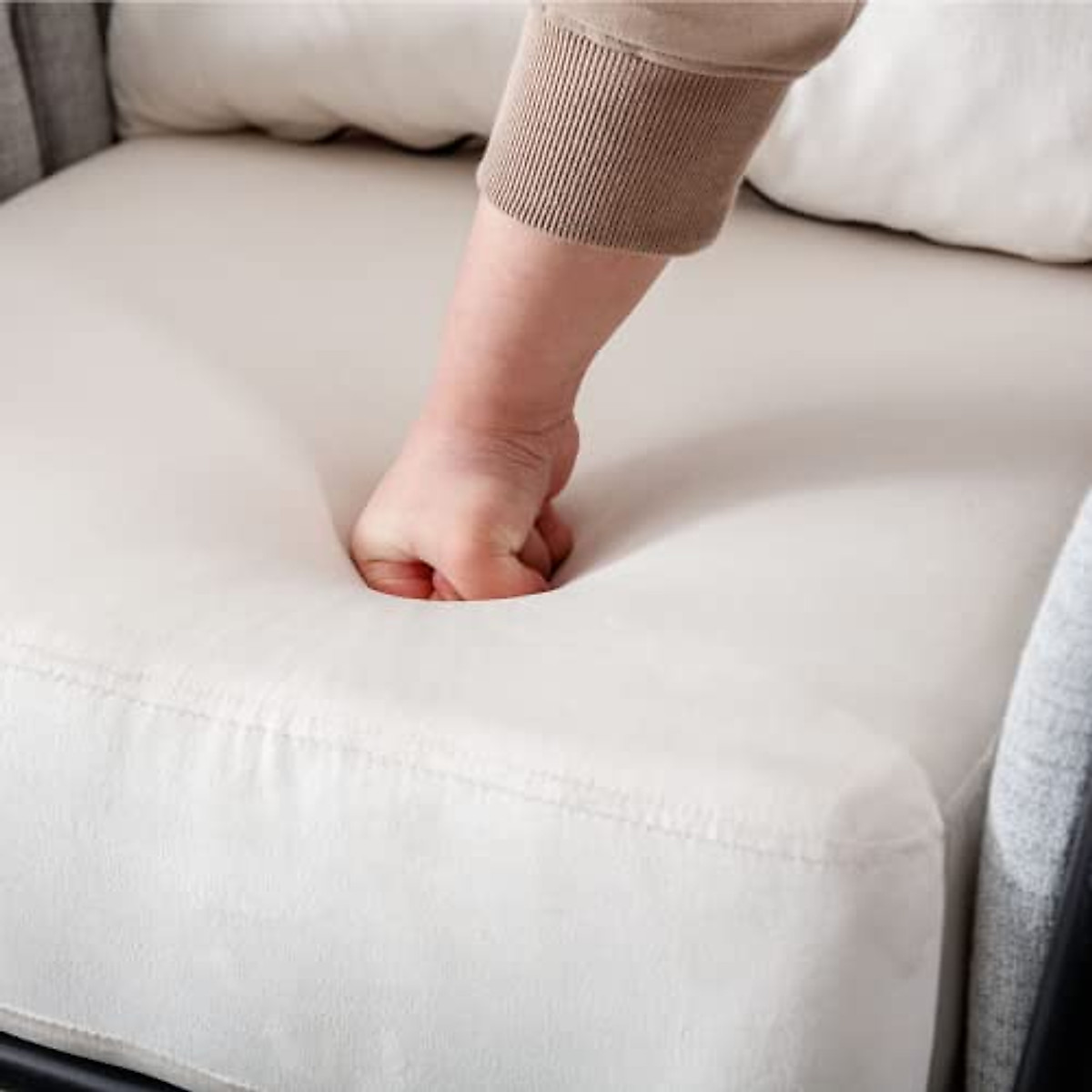 LukeAlon Velvet Accent Chair with Ottoman Set, Linen Weaved Back Living Room Chair with Metal Legs Upholstered Reading Chair with Armrest for Study Room Reception Room, Grey & Beige