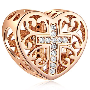 Rose Gold Faith Cross Heart Charms with Clear CZ, fits Pandora Christian Bracelet, 925 Sterling Silver Religious Prayer Beads, Gifts for Christmas/Easter/Mothers Day