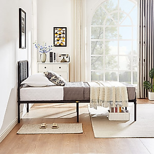 VECELO Twin Bed Frame Heavy Duty Metal Platform with Wooden Headboard Footboard Mattress Foundation 12 Strong Steel Slats Support Under Bed Storage/Easy Assemble