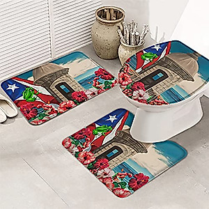Miss Sweetheart Bath Rugs for Bathroom Set 3 Piece-Puerto Rico Flag Frog Ocean Beach,Non-Slip Memory Foam Absorbent Bath Mat Runner Rugs for Tub Shower,U-Shaped Toilet Floor Mats,Toilet Lid Cover