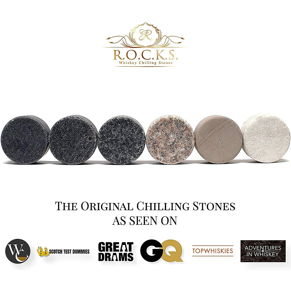 Whiskey Chilling Stones Gift Set - 6 Handcrafted Premium Granite Round Sipping Rocks - 2 Heavy Bourbon Glasses - Hardwood Presentation & Storage Tray - Elegant Gold Foil Gift Box by R.O.C.K.S.
