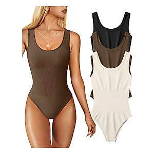 OQQ Women's 3 Piece Sexy Sleeveless Round Neck Shapewear Tank Top BodySuit, Black Coffee Beige, Small