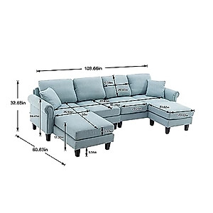 Convertible Sectional Sofa Couch, U Shaped Modular Accent Sofa with Ottoman and 2 Pillows and Solid Wood Legs, Modern Fabric Upholstered Sofa Set, for Living Room, Lounge, Light Blue