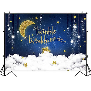 Avezano Twinkle Twinkle Little Star Backdrop, Navy Blue White Clouds Baby Shower Party Decorations 7x5ft Vinyl Gold Moon Glitter Stars Baby Shower Party Banner Photography Background