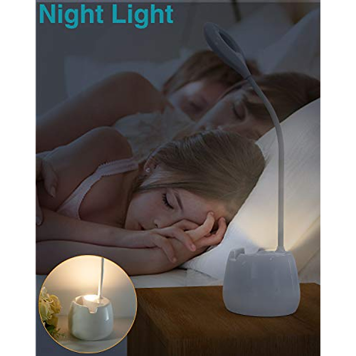 kolpop Desk Lamps for Home Office, Rechargeable Led Desk Lamp with USB Charging Port & Pen Phone Holder 3 Dimming Levels & Night Light Mode 360° Flexible Goose Neck LED Desk Light Desk Lamps for Kids