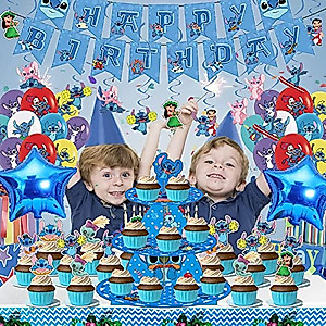 3-Tier Blue Themed Cupcake Stand, Stitch Birthday Decoration Round Dessert Stand, Stitch Party Supplies Cupcake Display for Boys Girls Birthday Baby Shower
