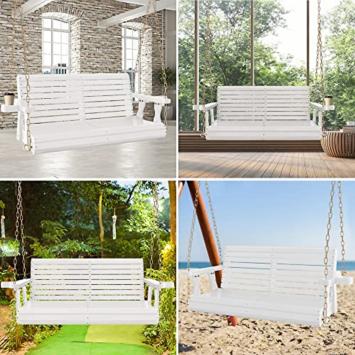 4FT Wooden Porch Swing w/Cupholders,Heavy Duty 800LBS Outdoor Swing Bench w/Chains,Patio Roll Back Swing Chair Bench,Front Porch 2-Person Hanging Bench,for Garden Courtyard Lawn & Balcony Backyard