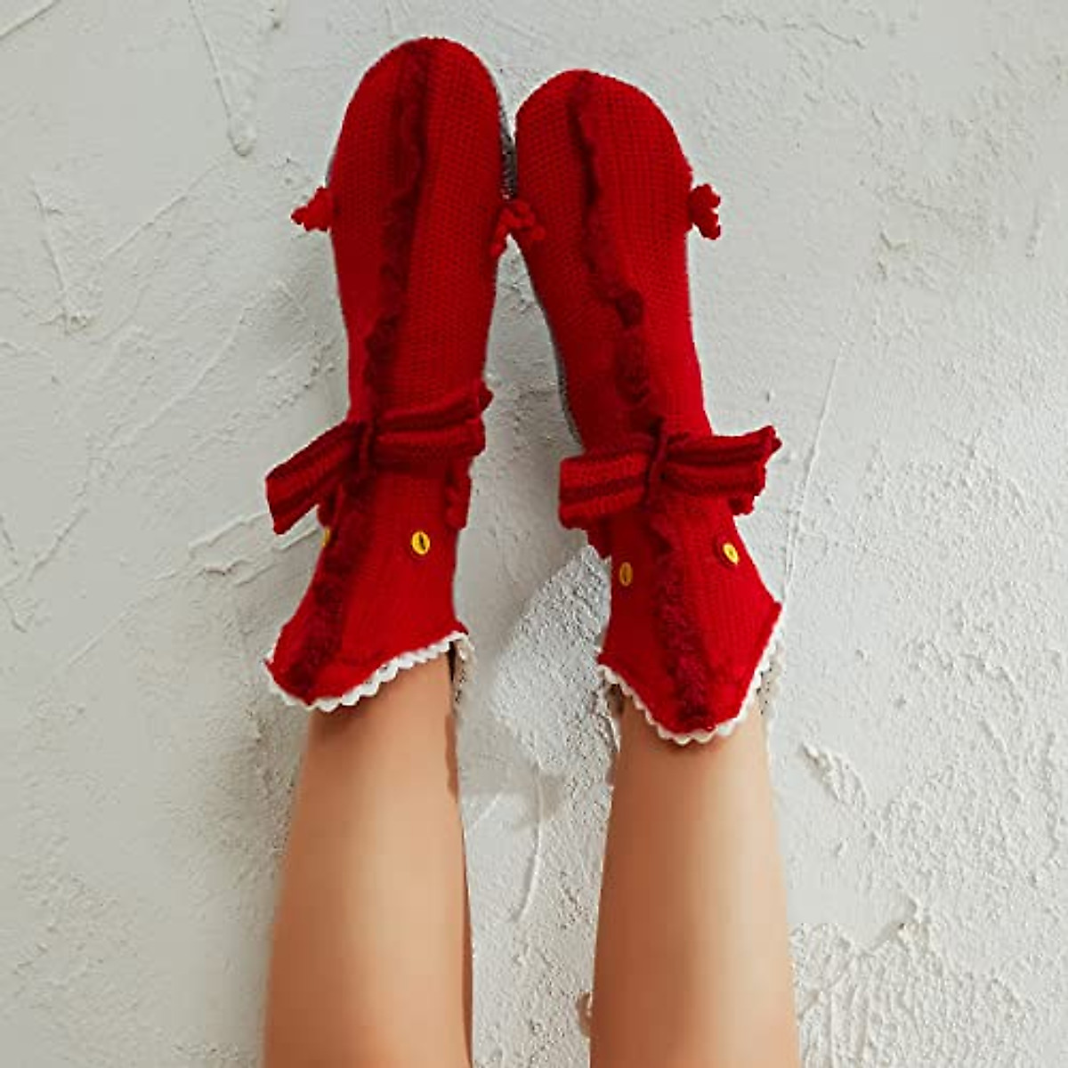 Unisex Knit Funny Animal Crocodile Socks Wool Warm Novelty Shark Floor Socks Winter 3D Chameleon Thick Knit Socks (Red Dragon, One Size)