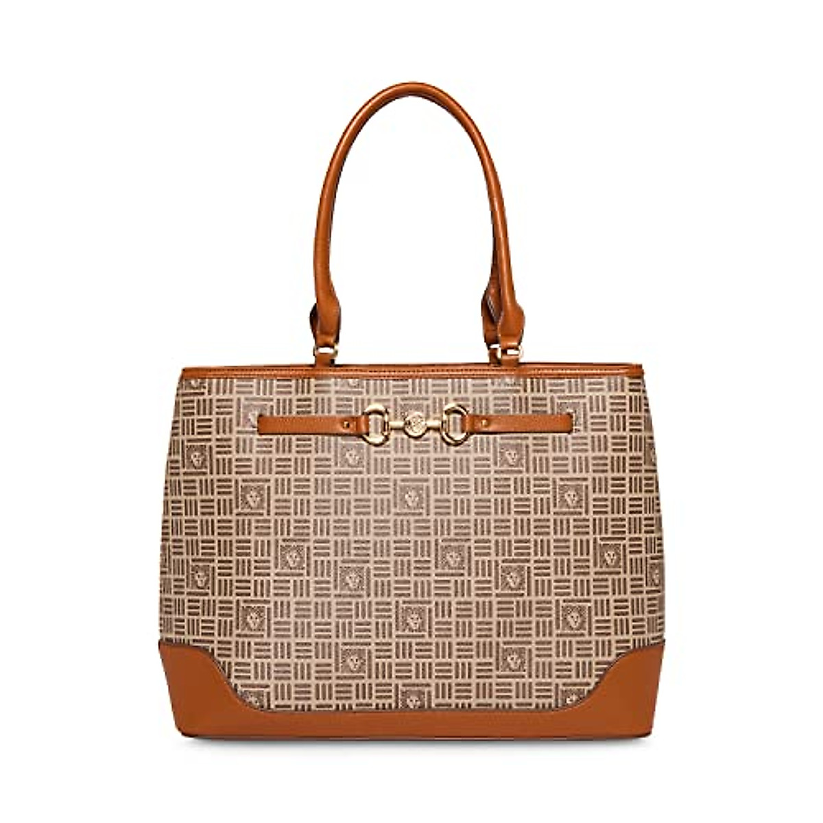 Anne Klein Large Horsebit Tote in Tile Lion Logo, Cream-Brown/Saddle