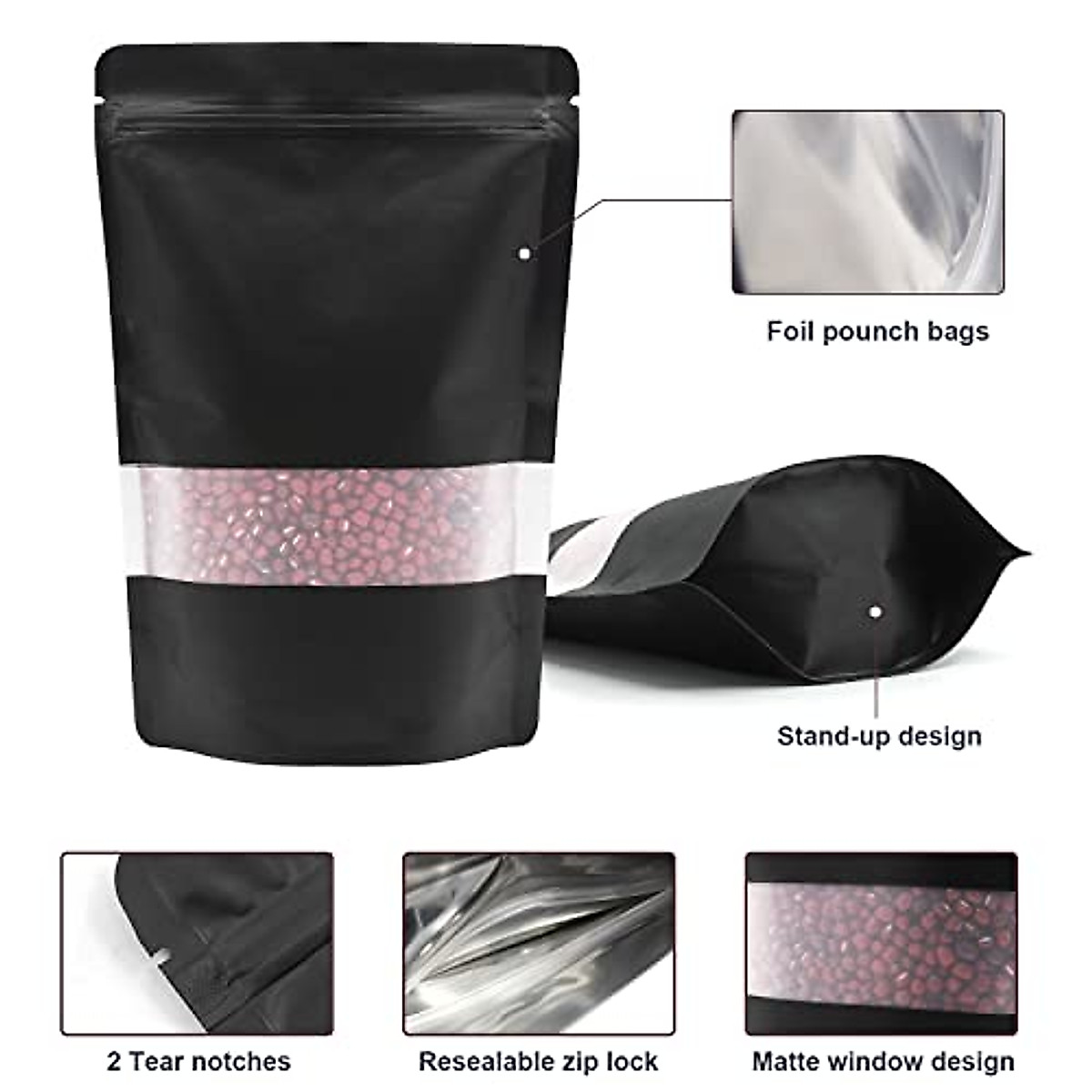 SumDirect Resealable Smell Proof Bags - 50 Pcs 5.9×8.6 Inch Foil Stand Up Food Pouch Bags with Window, Ziplock Heat Sealable Bags with Matte Window for Food Storage,Thickened Single Layer 5.5mil