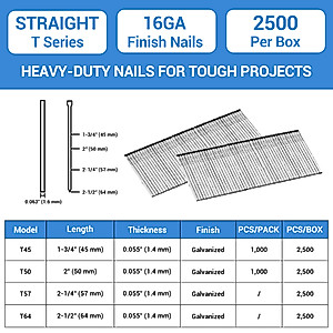 meite 16 Gauge Finish Nails, 2-Inch 16GA Straight Finish Nails Galvanized Finishing Nails for Electric or Pneumatic Nailer Guns (2,500 Counts)