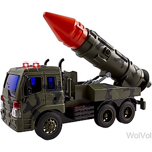 WolVolk Friction Powered Launcher Fighter Military Truck - Pull Back Missile Carrier Army Vehicle w/Lights & Sounds - Pretend War & Action Toy for Kids