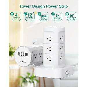 Surge Protector Power Strip Tower - 12 Widely Outlets with 4 USB Ports (1 USB C), 6FT Heavy Duty Extension Cord, Flat Multi Plug Outlet Extender Overload Protection for Home Office