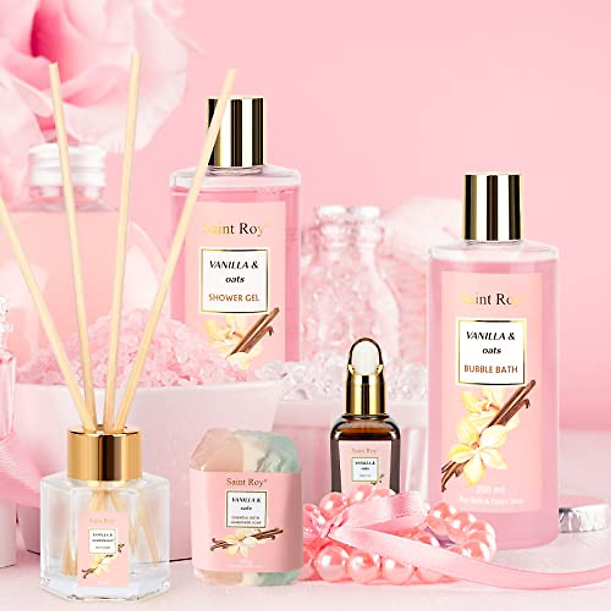 Spa Gift Basket Vanilla Oat 14 Pcs Bath Scents for Women,Bath Gift Set Enriched Shea Butter. Home Spa with Shower Gel, Body Oil, Diffuser, Shower Steamer & More for Mom