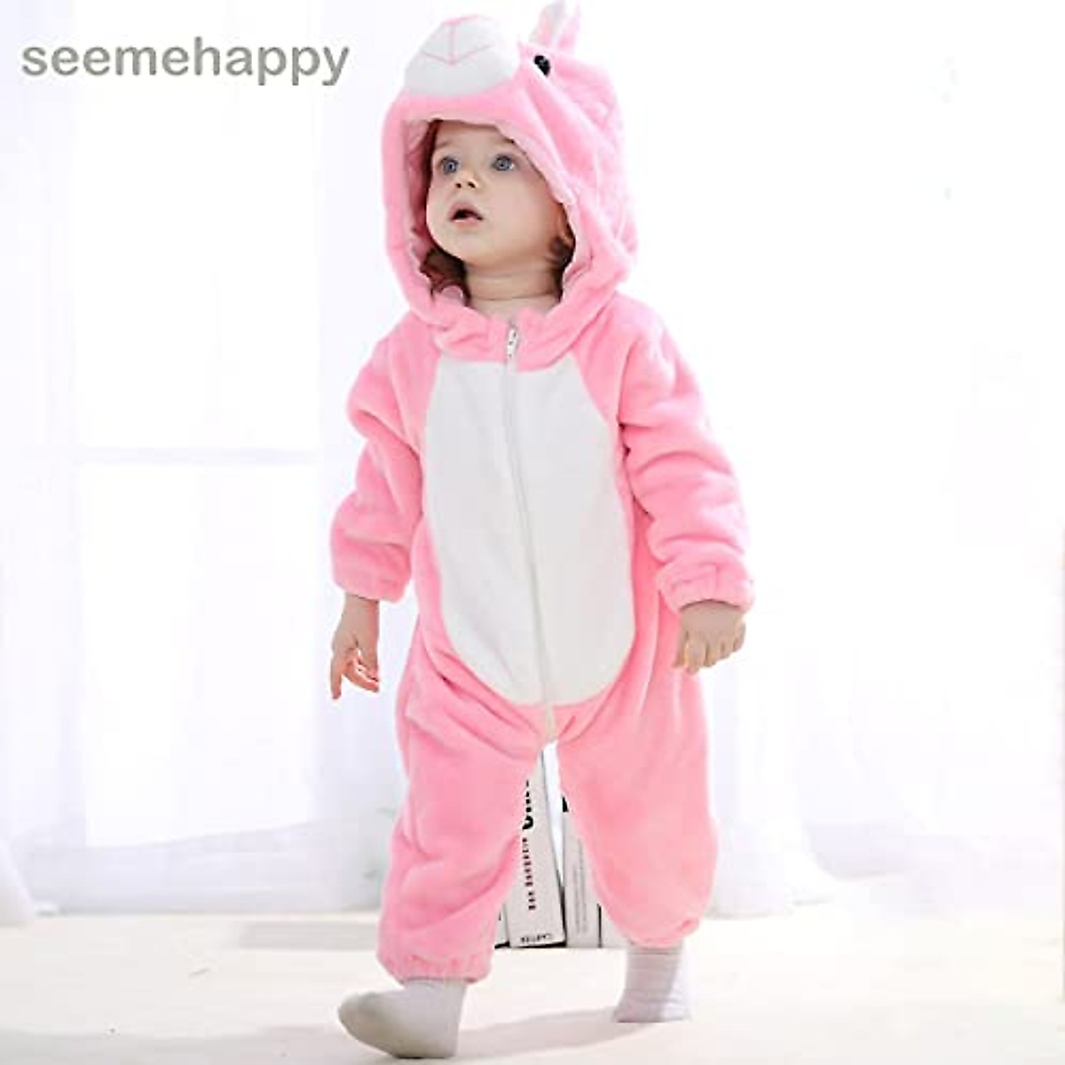 seemehappy Cute Bunny Panda Fleece Baby Bodysuit – Infant Warm One Piece Kids Hooded Romper Outerwear Toddler Jacket-Bunny,6-12 Months