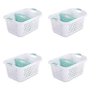 Sterilite 12138004 Laundry Basket 2.2 Bushel White Aqua Chrome Handles/Divider (Pack of 4)