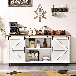 Farmhouse Coffee Bar Cabinet, 58”Kitchen Coffee Bar Cabinet with Storage, White Coffee Bar with Sliding Barn Door for Dinning Room, Living Room