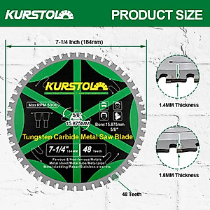 KURSTOL Metal Circular Saw Blade - 7-1/4" TCT Cutting Blade 48T Tungsten Carbide Tipped Blade Arbor 15.87mm for Steel, Stainless Steel, Nickel, Titanium, Ferrous Metals, Steel Pipe