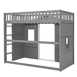 BOVZA Twin Size Wood House Loft Bed with Ladder, Kids Playhouse Bed with Window for Girls Boys, Gray+White