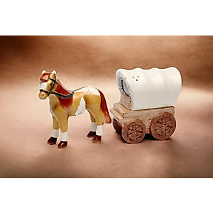 Fine Ceramic Western Pioneer Horse & Covered Wagon Salt & Pepper Shakers Set, 3-1/4" H