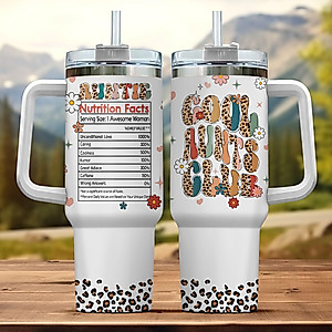 99OWL Cool Aunts Retro Leopard Nutrition Facts, Gift Daisy Black Handle Cups Print Heart Auntie Coffee For, Tumbler 40 Oz With Handle Lid And Straw, Aunt Gifts