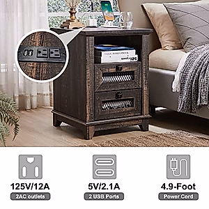 OKD Nightstand with Charging Station, 18'' Industrial & Farmhouse End Table with 2 Drawers & Open Cubby, Rustic Mesh Drawer Sofa Side Table w/Storage for Bedroom, Living Room, Office, Dark Rustic Oak