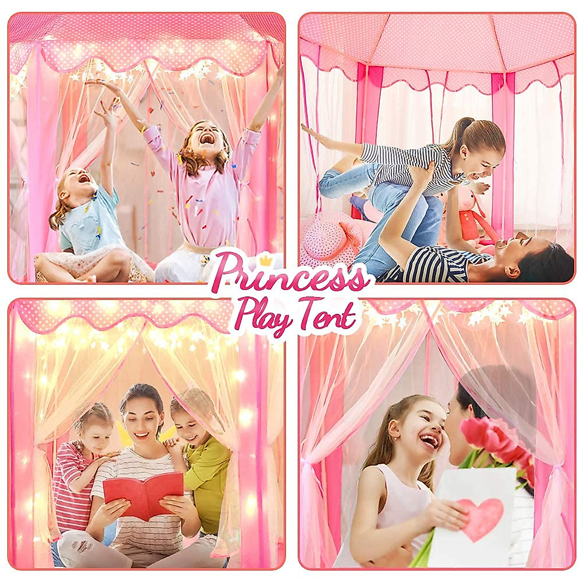 GeerWest Princess Tent for Girls, Kids Play Tent with Star Lights Toys for 1st Birthday Gifts, Pink Large Playhouse for Babys Indoor and Outdoor (Princess Tent)