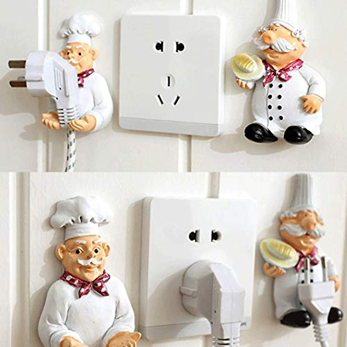 NewFerU Cute Adhesive Resin Fat Chef Utility Wall Hook Rack Hanger Sticky Cable Plug Holder Art Décor Storage Organizer Set for Coat Clothes,Towel,Wreath,Key,Garage,Kitchen,Bathroom,Kids Room (H+F)