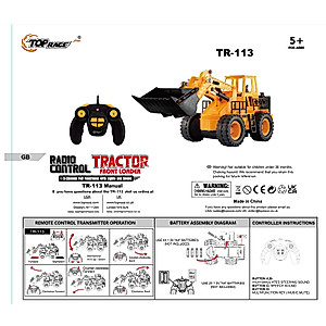 Top Race TR-113 5 Channel Full Functional Remote Control Tractor Toy Front Loader - 14 x 6 x 8 inch Electric RC Remote Control Construction Toy Tractors with Lights and Sounds