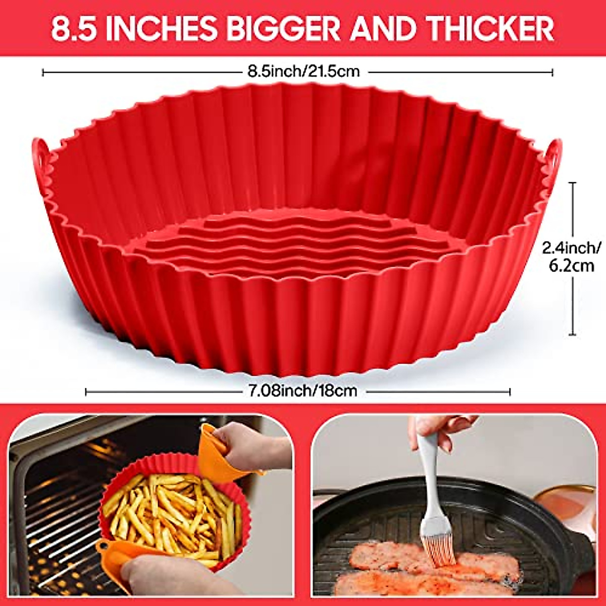 Air Fryer Liners, MIAOKE 8.5 Inch Silicone Air Fryer Liners with Silicone Oil Brush And Anti-Scald Gloves Set Heat Resistant Easy Cleaning Reusable Air Fryer Accessories 5 Pack- (Red/Pink)