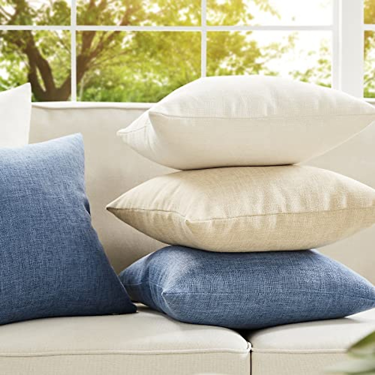 Anickal Set of 2 Grey Blue Pillow Covers 18x18 Inch Rustic Linen Square Decorative Throw Pillow Covers for Sofa Couch Farmhouse Home Decorations