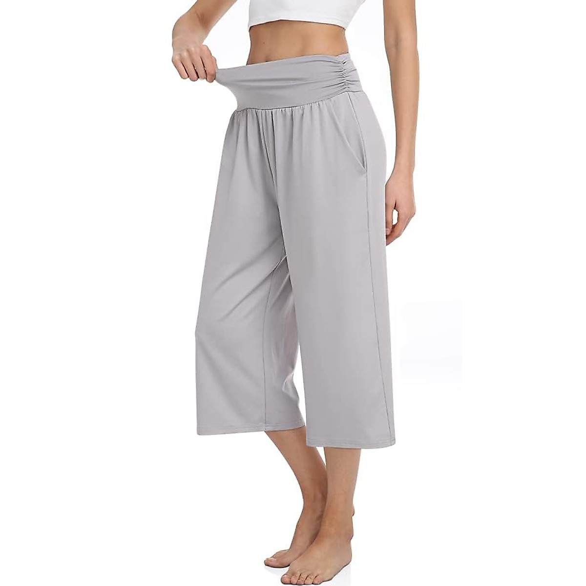 TARSE Women's High Pleated Waisted Capri Pants Casual Wide Leg Grey Yoga Pants Loose Soft Pajamas with Pockets Sweatpants Light Gray 2XL XXL