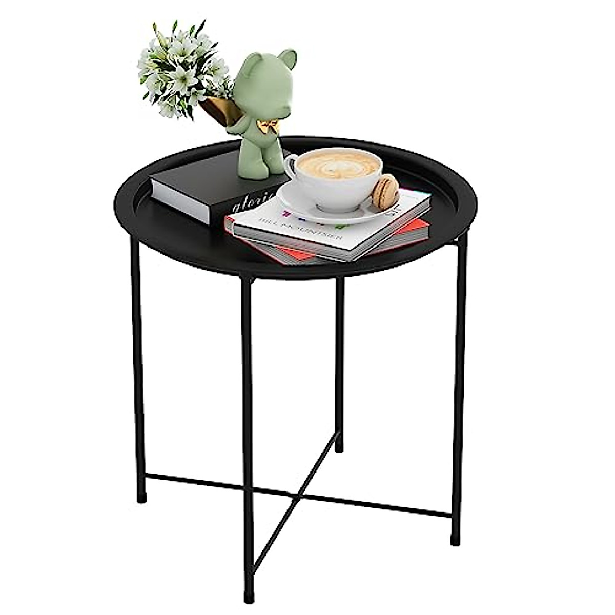 FSTAR Small Round Side End Table, Small Round Nightstand, Portable Folding Metal Accent Table Next to Couches/Sofas, or Against a Wall (Black, 1PCS)