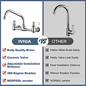 iVIGA Commercial Sink Faucet with 8” Swivel Spout, 8" Center Wall Mount Kitchen Faucet, Dual Handles Brass Utility Sink Faucet for Laundry Room Restaurant Compartment Sink, Polish Chrome