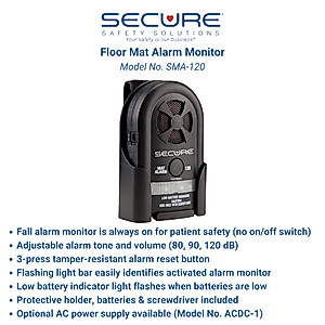 Secure Bed Exit Alarm Set with Floor Mat Sensor and Patient Alarm Monitor for Elderly Senior Fall and Wandering Prevention - Bed Alarms and Fall Prevention for Elderly (24" x 60" Floor Mat Sensor)