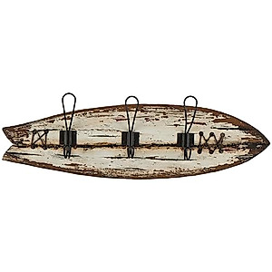 Deco 79 Wood Surfboard Handmade Distressed Fish Shaped 3 Hanger Wall Hook with Metal Accents, 23" x 2" x 7", Brown