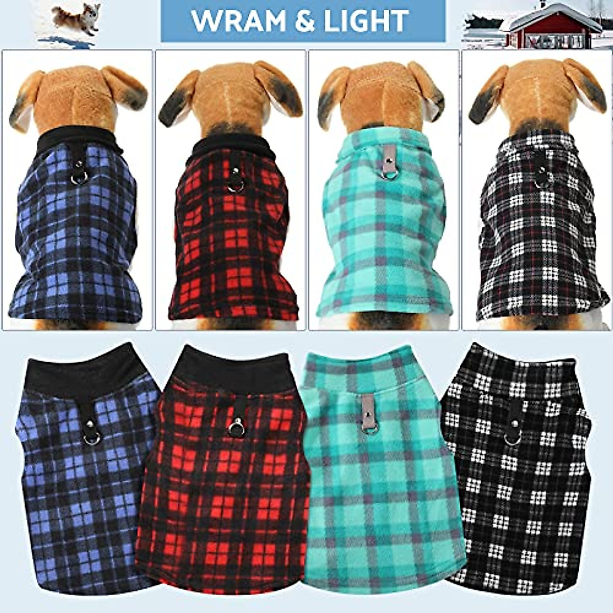 4 Pieces Winter Fabric Dog Sweater with Leash Ring Fleece Vest Dog Pullover Jacket Warm Pet Dog Clothes for Puppy Small Dogs Cat Chihuahua Boy (Plaid Pattern, M)
